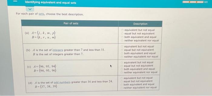 Solved || Identifying equivalent and equal sets For each | Chegg.com