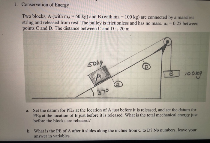 Solved 1. Conservation of Energy Two blocks, A (with ma -50 | Chegg.com