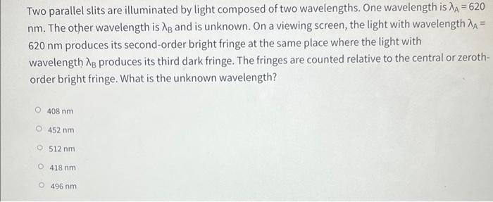 Solved Two parallel slits are illuminated by light composed | Chegg.com