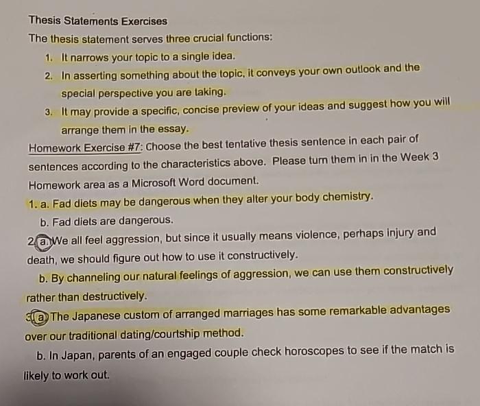 Solved Thesis Statements ExercisesThe thesis statement | Chegg.com