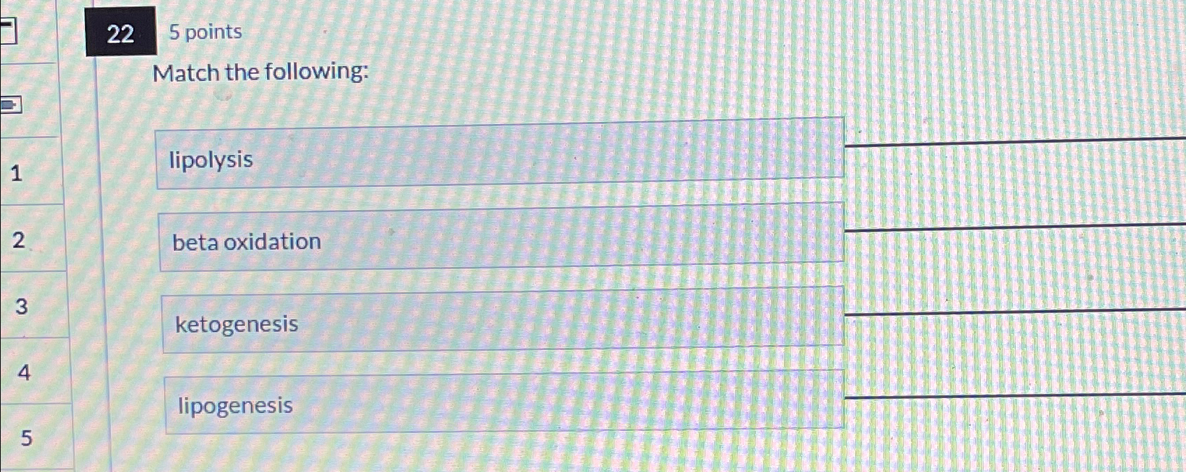 Solved 225 ﻿pointsMatch the following:lipolysisbeta | Chegg.com