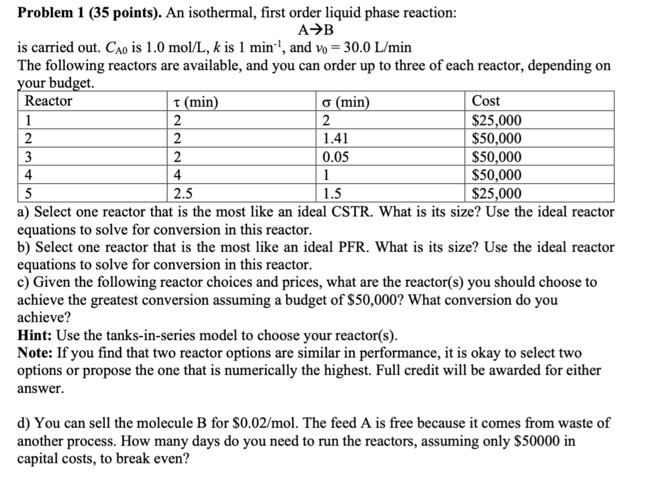 Solved Problem 1 ( 35 ﻿points). ﻿An isothermal, first order | Chegg.com