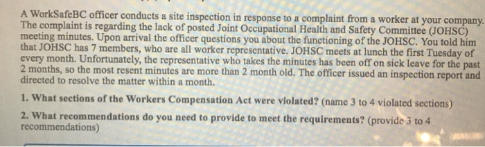 Solved A WorkSafeBC officer conducts a site inspection in | Chegg.com