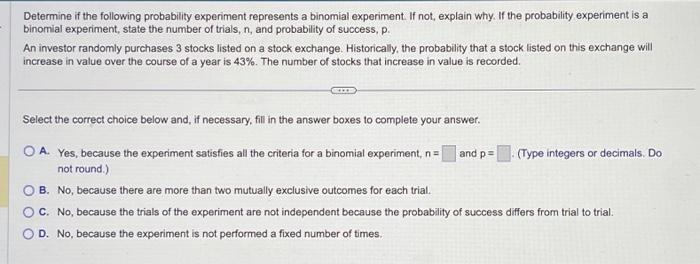 Solved Determine if the following probability experiment | Chegg.com