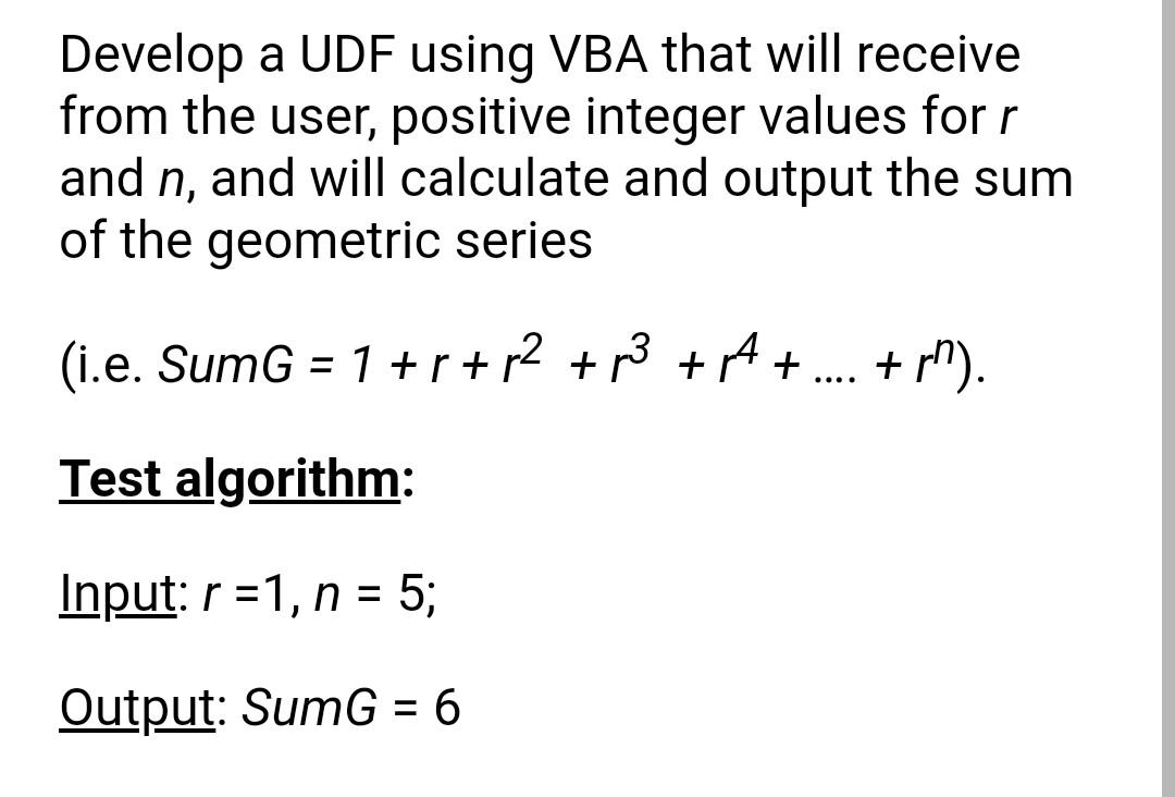 Solved Develop a UDF using VBA that will receive from the | Chegg.com