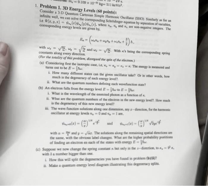 1. Problem 1. 3D Energy Levels ( 60 points): Consider | Chegg.com