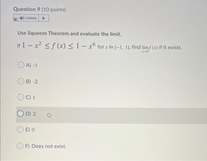 Solved Question 9 (10 points) Listen Use Squeeze Theorem and | Chegg.com