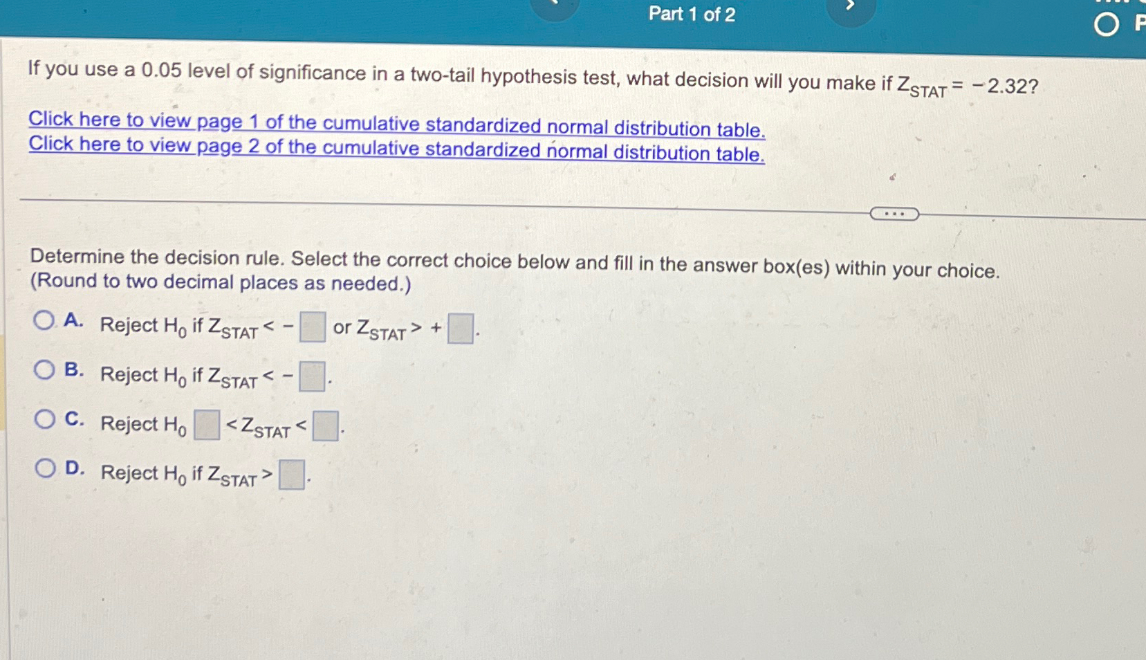Solved Part 1 ﻿of 2If you use a 0.05 ﻿level of significance | Chegg.com