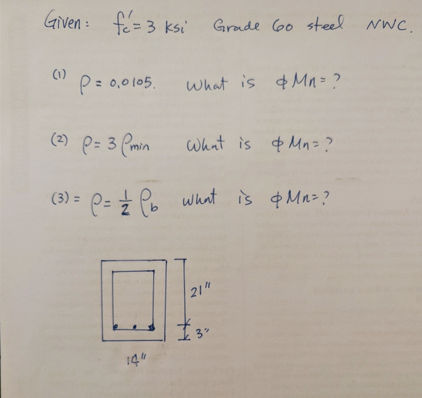 Solved Given: fc'=3ksi Grade 60 ﻿steel NWC.(1) P=0,0105. | Chegg.com