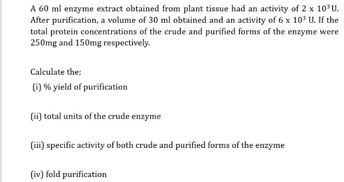 Solved A 60ml ﻿enzyme extract obtained from plant tissue had | Chegg.com