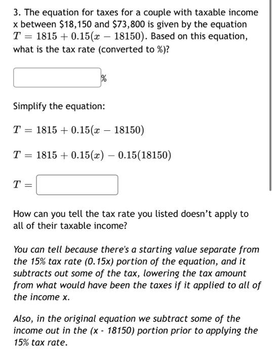 Solved 3. The equation for taxes for a couple with taxable | Chegg.com