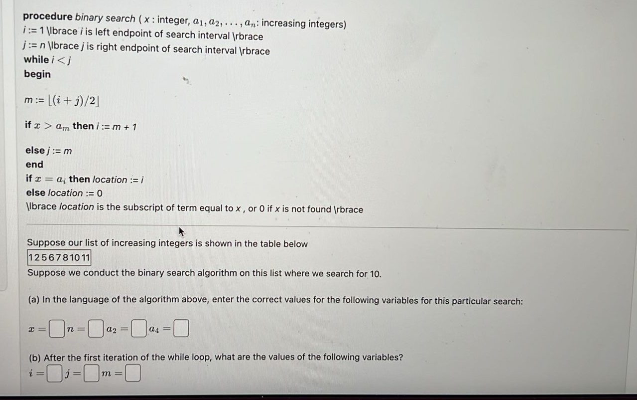 Solved procedure binary search ( x ﻿: integer, a1,a2,dots,an | Chegg.com