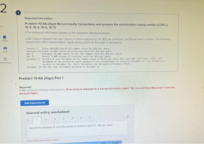 Solved Required information Problem 10.6A (Algo) Record | Chegg.com