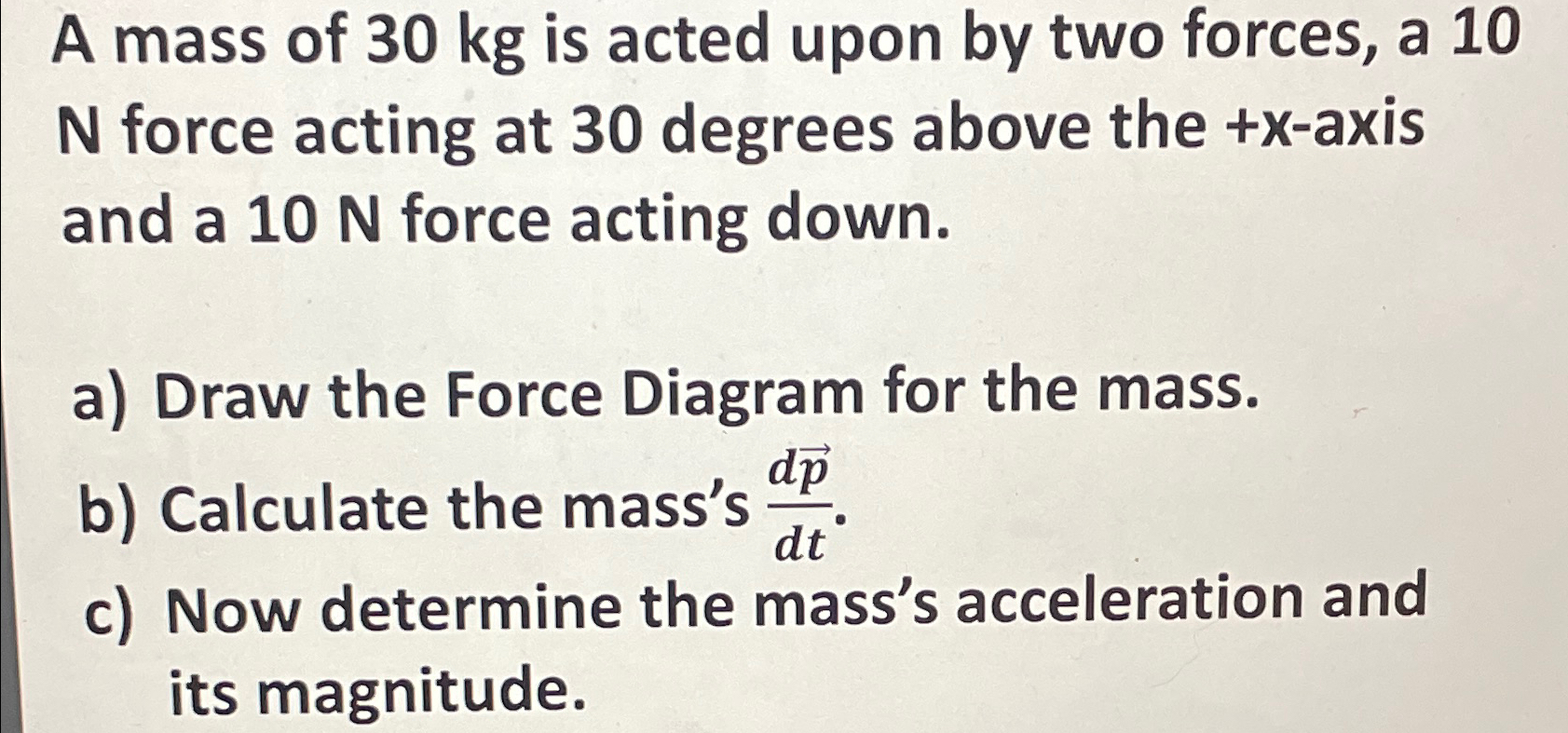 Solved A mass of 30kg ﻿is acted upon by two forces, a 10 N | Chegg.com