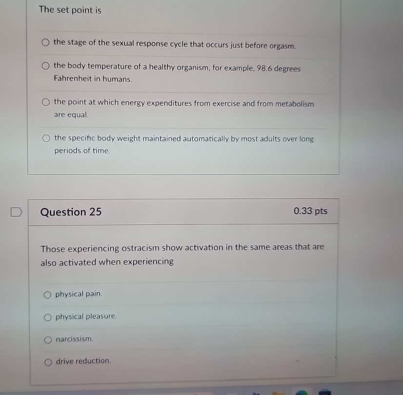 Solved The set point isthe stage of the sexual response | Chegg.com