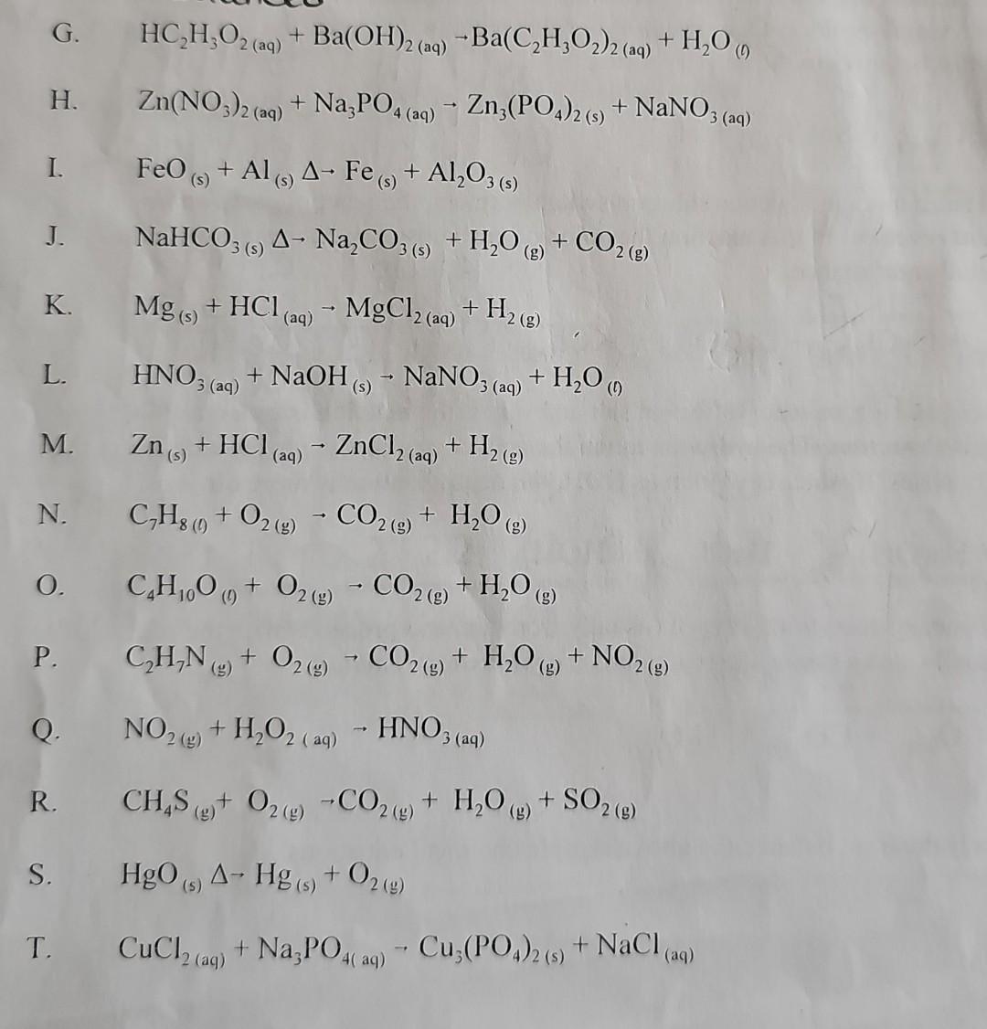 Solved G. HC2H3O2(aq)+Ba(OH)2 (aq) →Ba(C2H3O2)2(aq)+H2O H. | Chegg.com