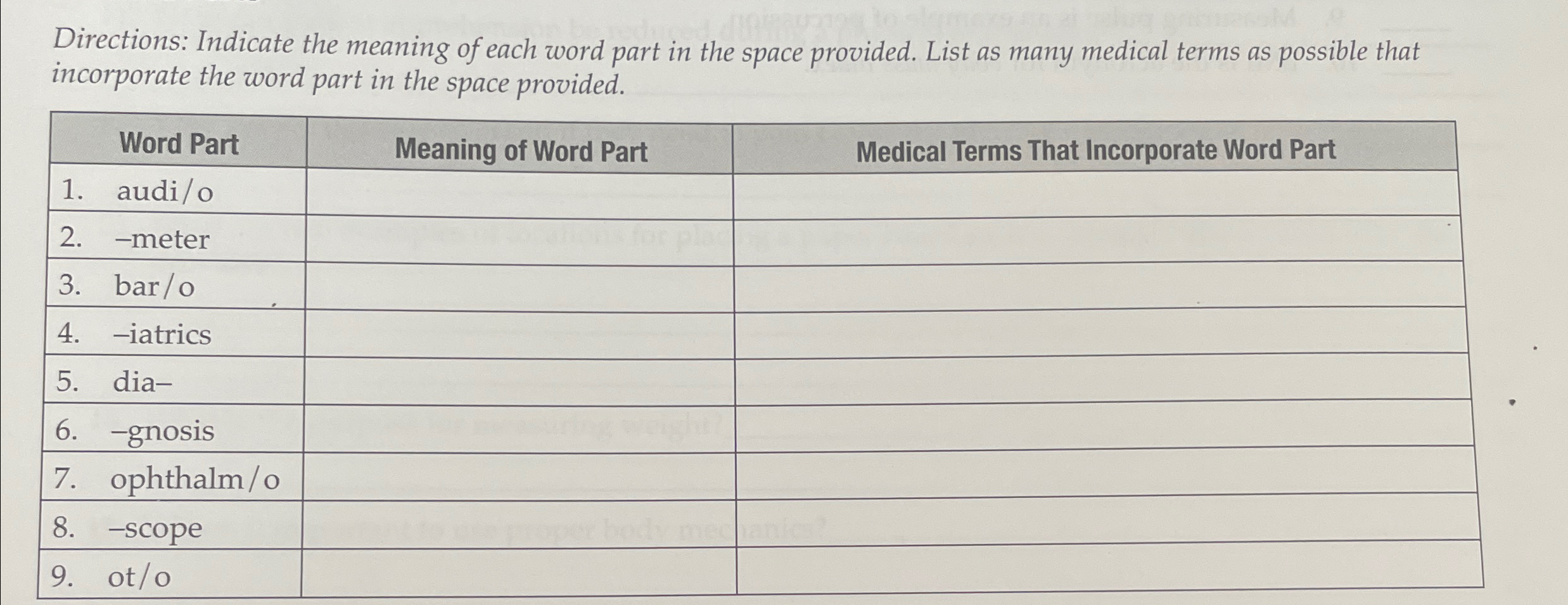 Directions: Indicate the meaning of each word part in | Chegg.com