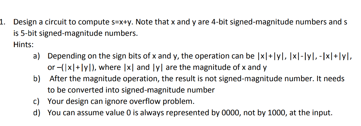 Solved Design a circuit to ﻿compute s=x+y. ﻿Note that x ﻿and | Chegg.com