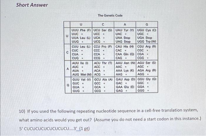 Solved Short Answer The Genetic Code U C A G UGU Cys (C) UUU | Chegg.com