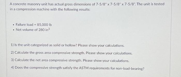 Solved A concrete masonry unit has actual gross dimensions | Chegg.com