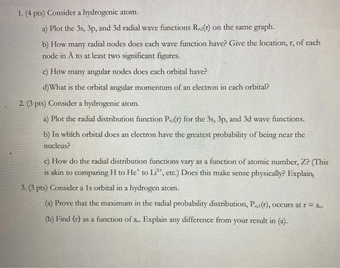 Solved 1. (4 pts) Consider a hydrogenic atom. a) Plot the | Chegg.com