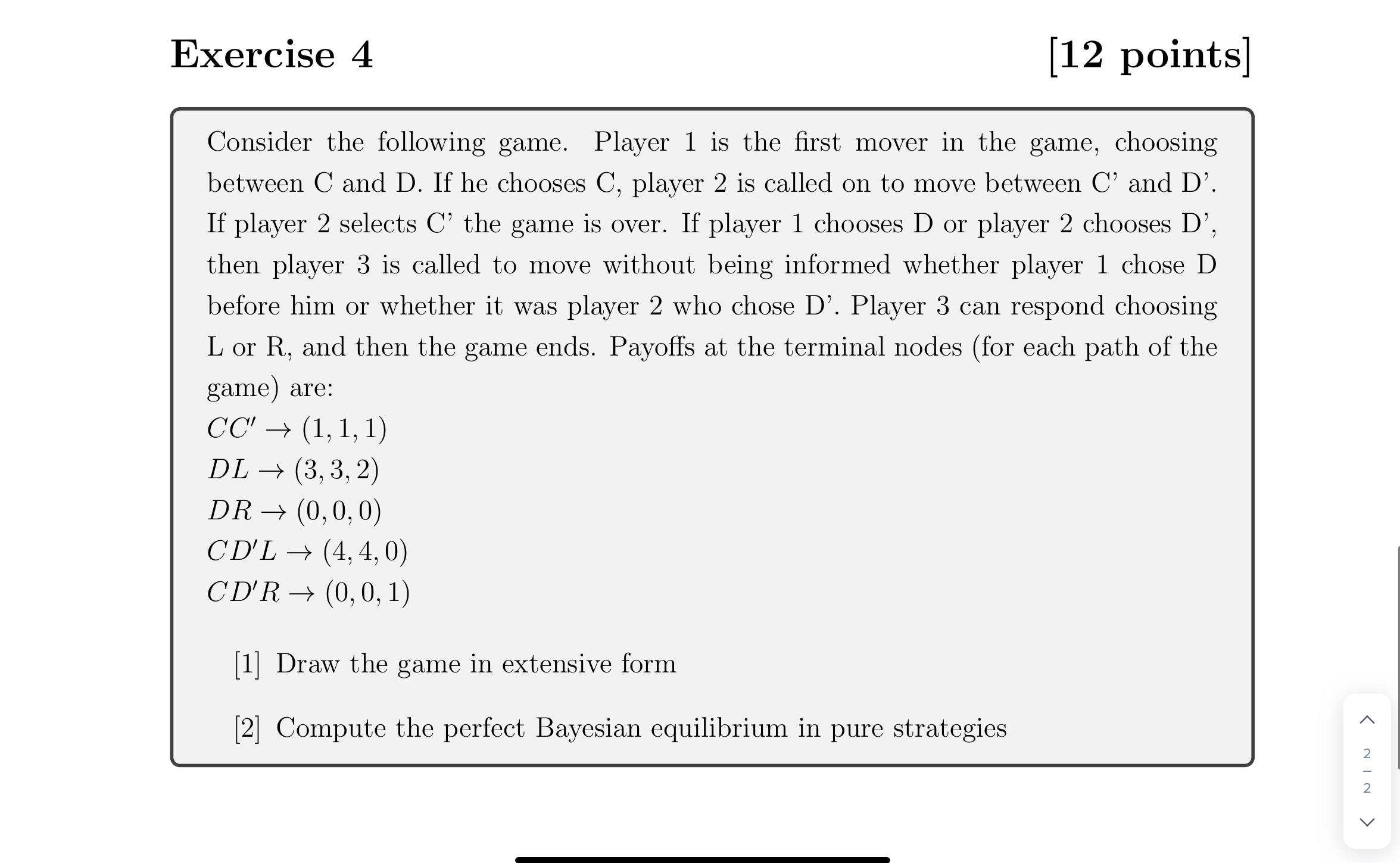 Solved Exercise 4[12 ﻿points]Consider the following game. | Chegg.com