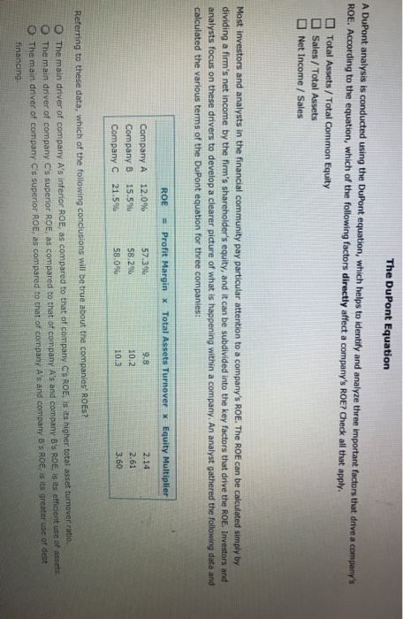 Solved The DuPont Equation A DuPont analysis is conducted | Chegg.com
