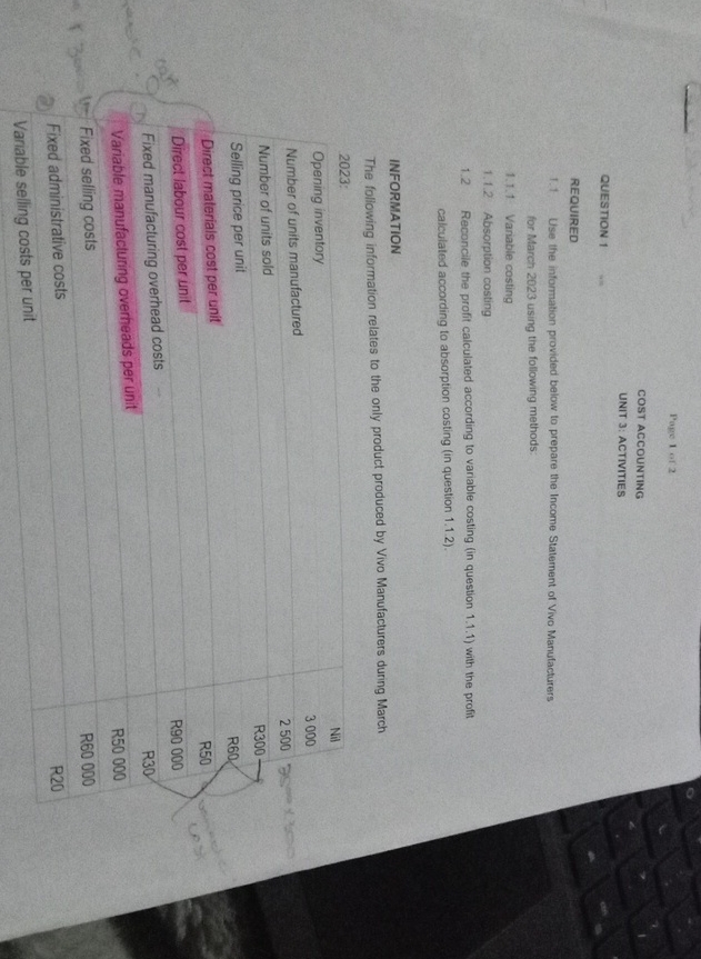 Solved Page 1 ﻿of 2COST ACCOUNTINGUNIT 3: ACTIVITIESQUESTION | Chegg.com