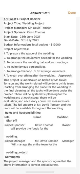 Solved Answer 1 of 1 Done ANSWER 1. Project Charter Project | Chegg.com