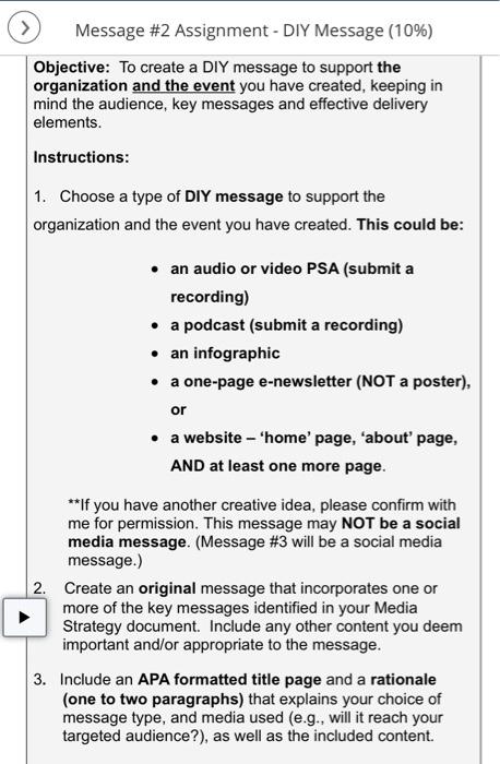 Message \#2 Assignment - DIY Message (10\%) | Chegg.com