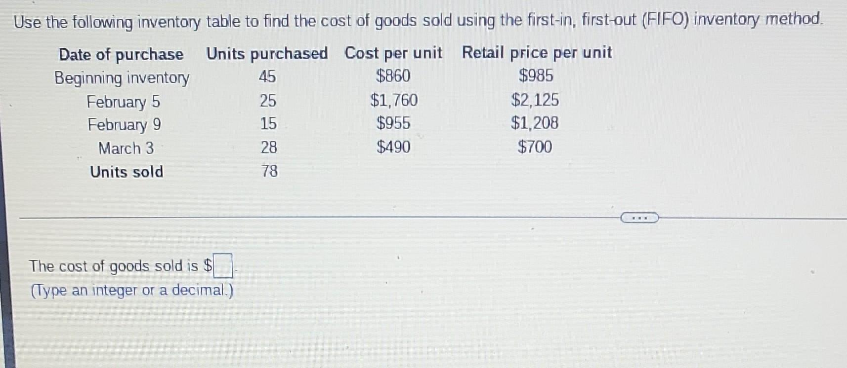 Solved Use the following inventory table to find the cost of | Chegg.com