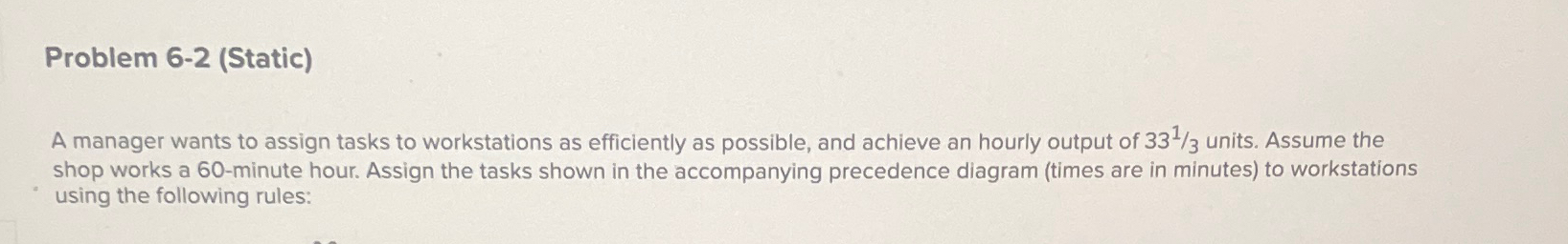 Solved Problem 6-2 (Static)A manager wants to assign tasks | Chegg.com