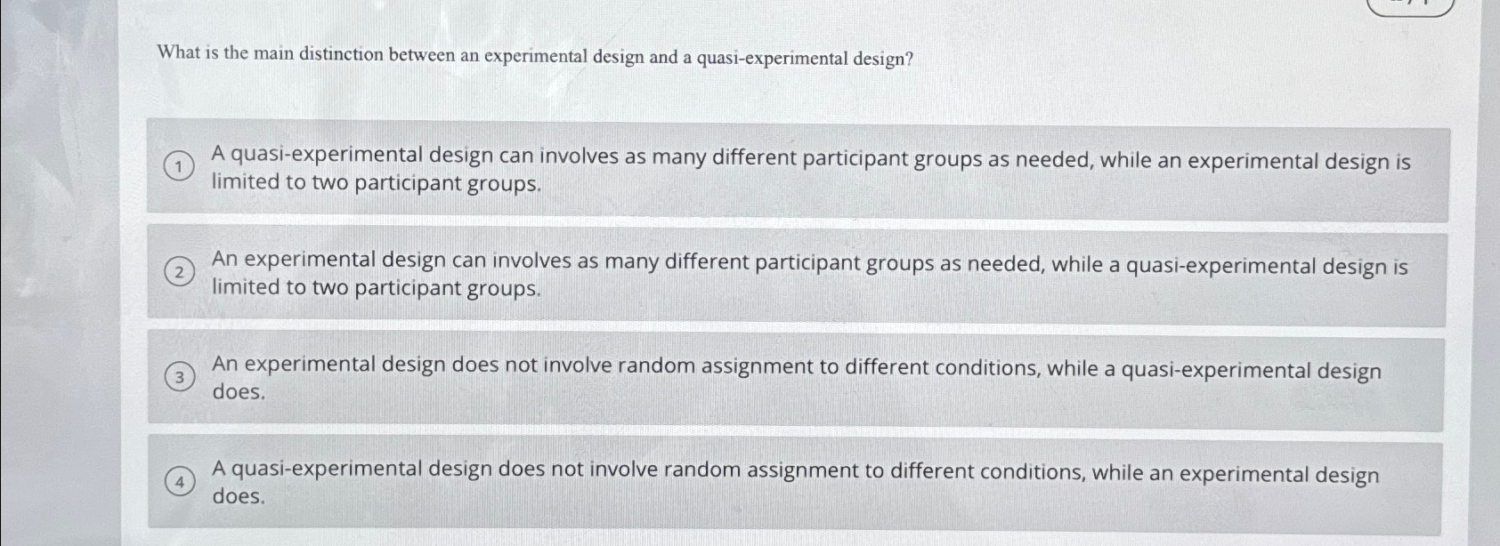 Solved What is the main distinction between an experimental | Chegg.com