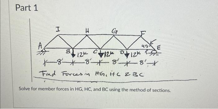 Solved Part 1 Solve for member forces in HG,HC, and BC using | Chegg.com