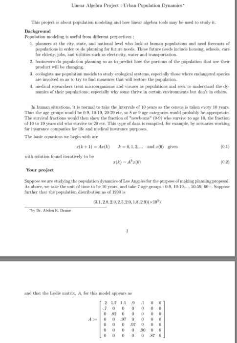 Linear Algebra Project : Urban Population Dynamics | Chegg.com