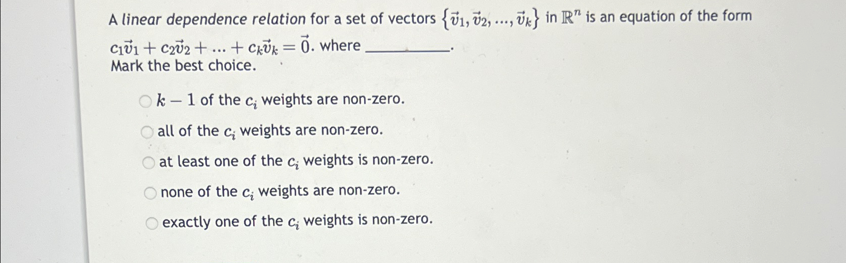 Solved A linear dependence relation for a set of vectors | Chegg.com