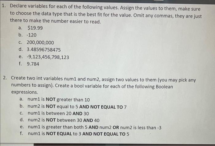 Solved 1. Declare variables for each of the following | Chegg.com