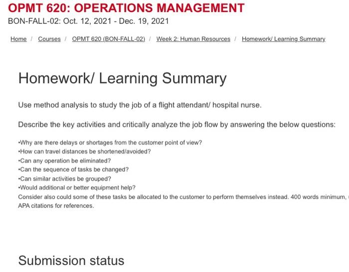 Solved OPMT 620: OPERATIONS MANAGEMENT BON-FALL-02: Oct. 12, | Chegg.com