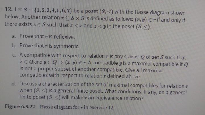 Solved 12. Let S = {1,2,3,4,5,6,7} be a poset (S, S) with | Chegg.com