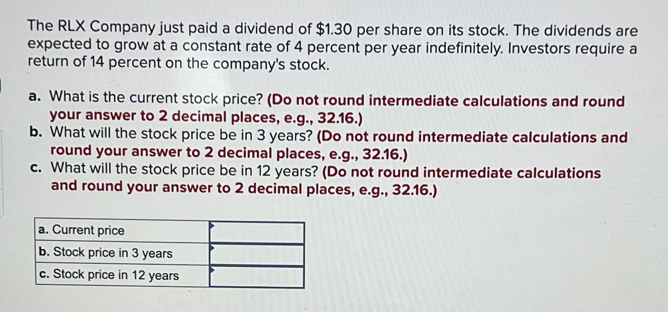 Solved The RLX Company just paid a dividend of $1.30 ﻿per | Chegg.com