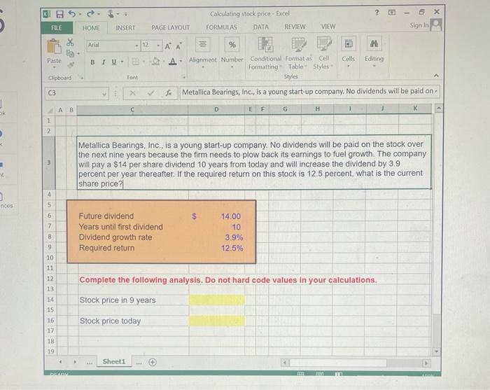 Solved ? 5 - X 5 Calculating stock price Excel FORMULAS DATA | Chegg.com