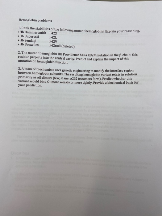Solved Hemoglobin problems 1. Rank the stabilities of the | Chegg.com
