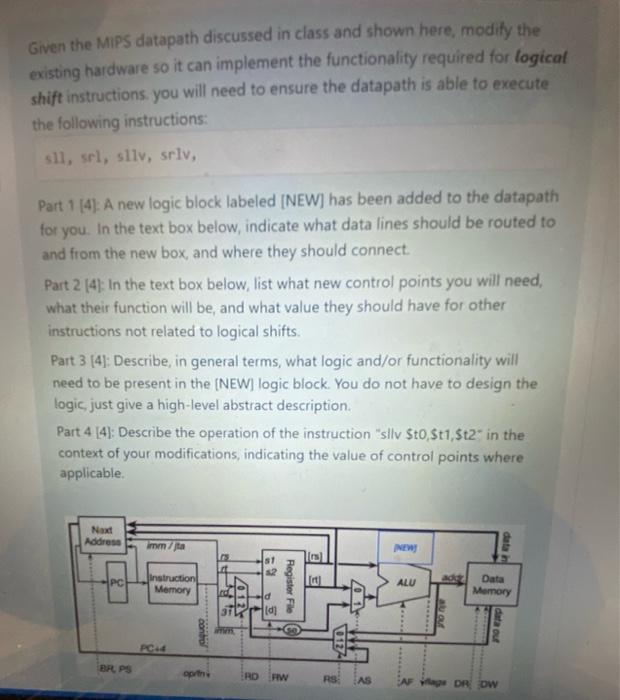 Solved Given the MIPS datapath discussed in class and shown | Chegg.com