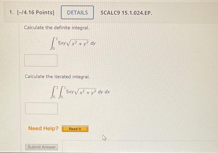 Solved SCALC9 15.1.024.EP. Calculate the definite integral. | Chegg.com