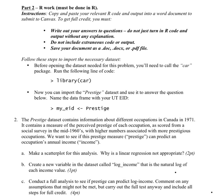 Solved Part 2 - R work (must be done in R). Instructions: | Chegg.com