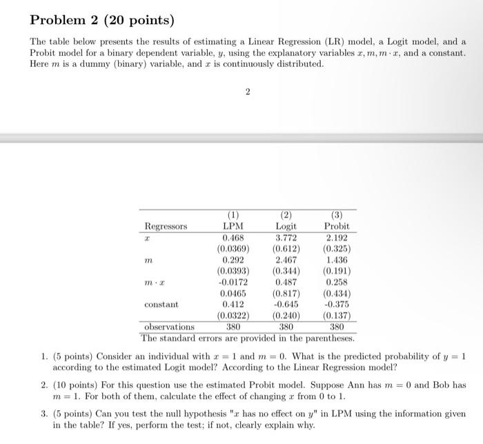 Solved Problem 2 (20 points) The table below presents the | Chegg.com