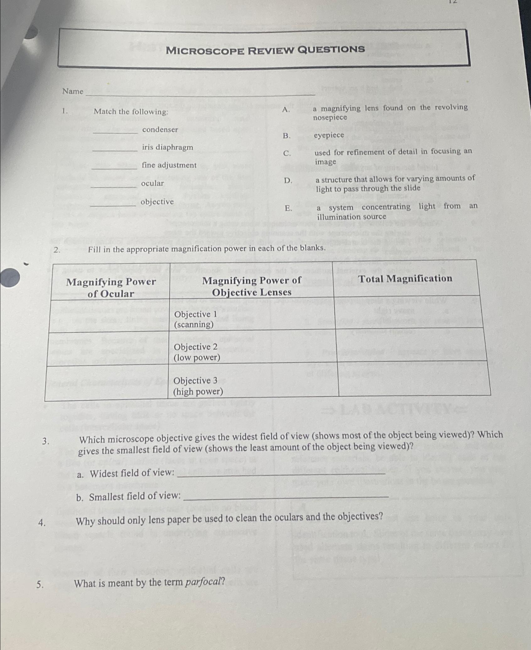 Solved MICROSCOPE REVIEW QUESTIONSNameMatch the | Chegg.com