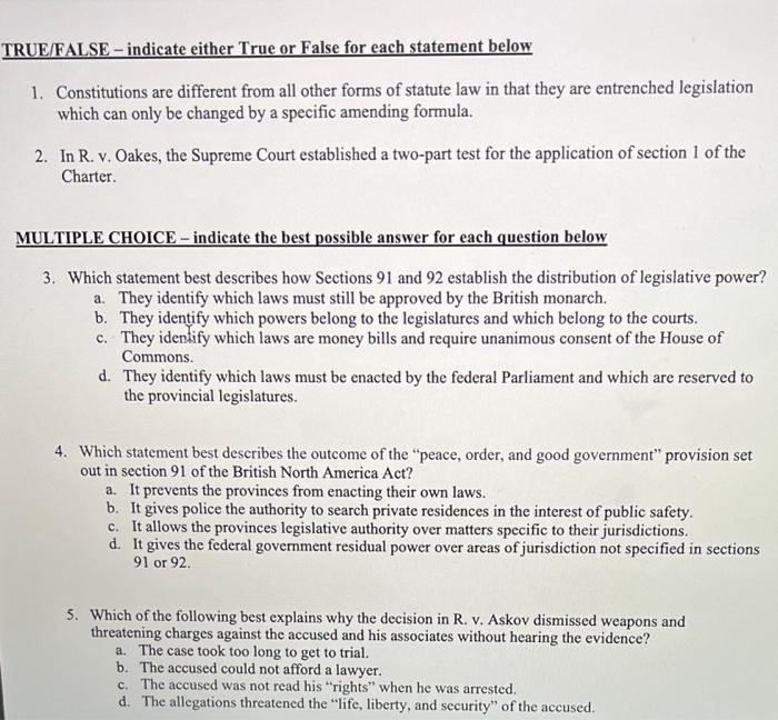 RUE/FALSE - indicate either True or False for each | Chegg.com