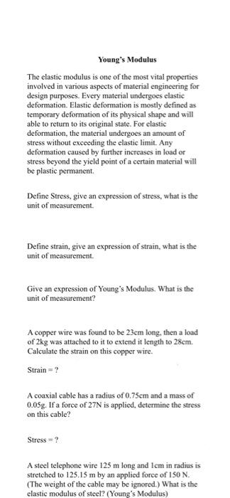 Solved Young's Modulus The elastic modulus is one of the | Chegg.com