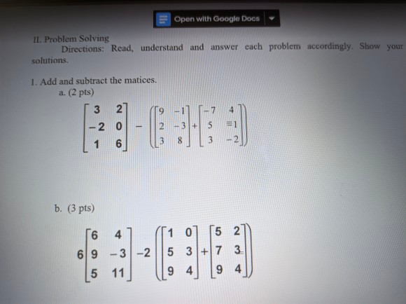 Solved Open with Google Docs II. Problem Solving Directions: | Chegg.com